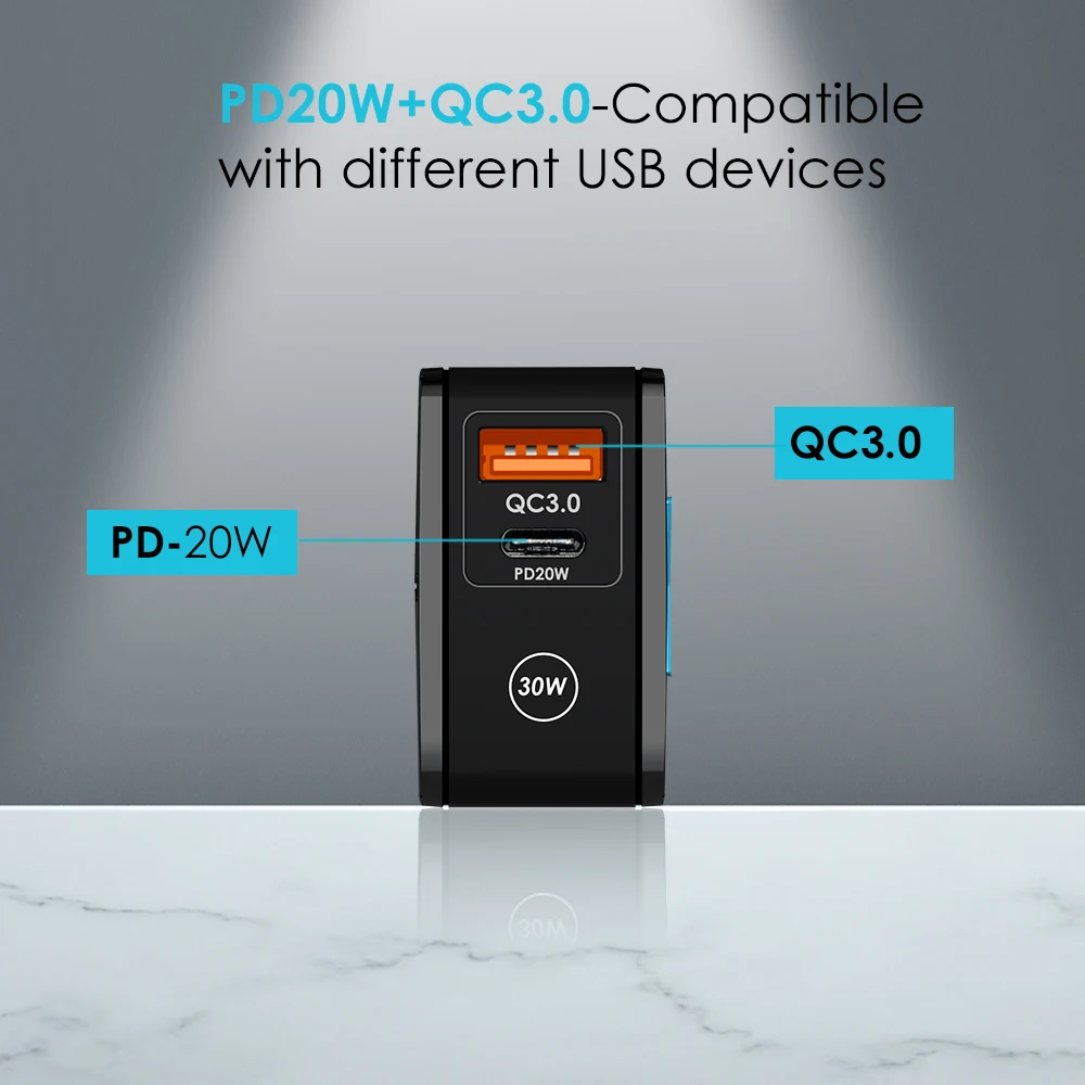 Fast Charging with QC3.0 30W USB Wall Charger & PD 20W Adapter