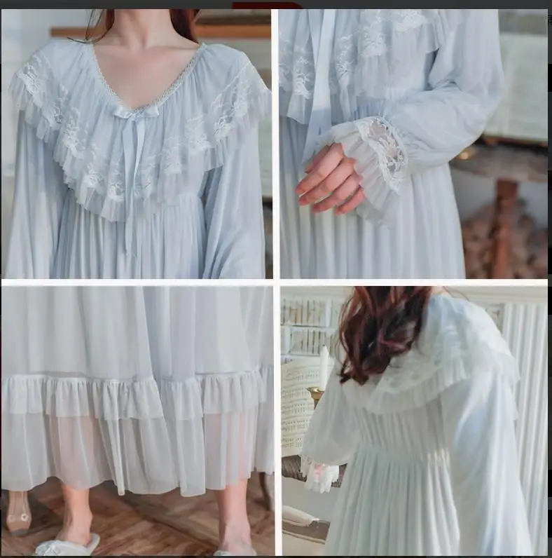 Retro Royal Court Princess Belt Chest Pad Pajamas Women's Spring Autumn ...