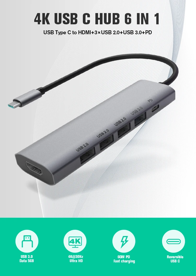 4k Type-c Docking Station 6 In 1 To Hdmi Usb3.0 2.0 Usb-c Multi-port Usb C Hub Mac Book Pc Usb ...