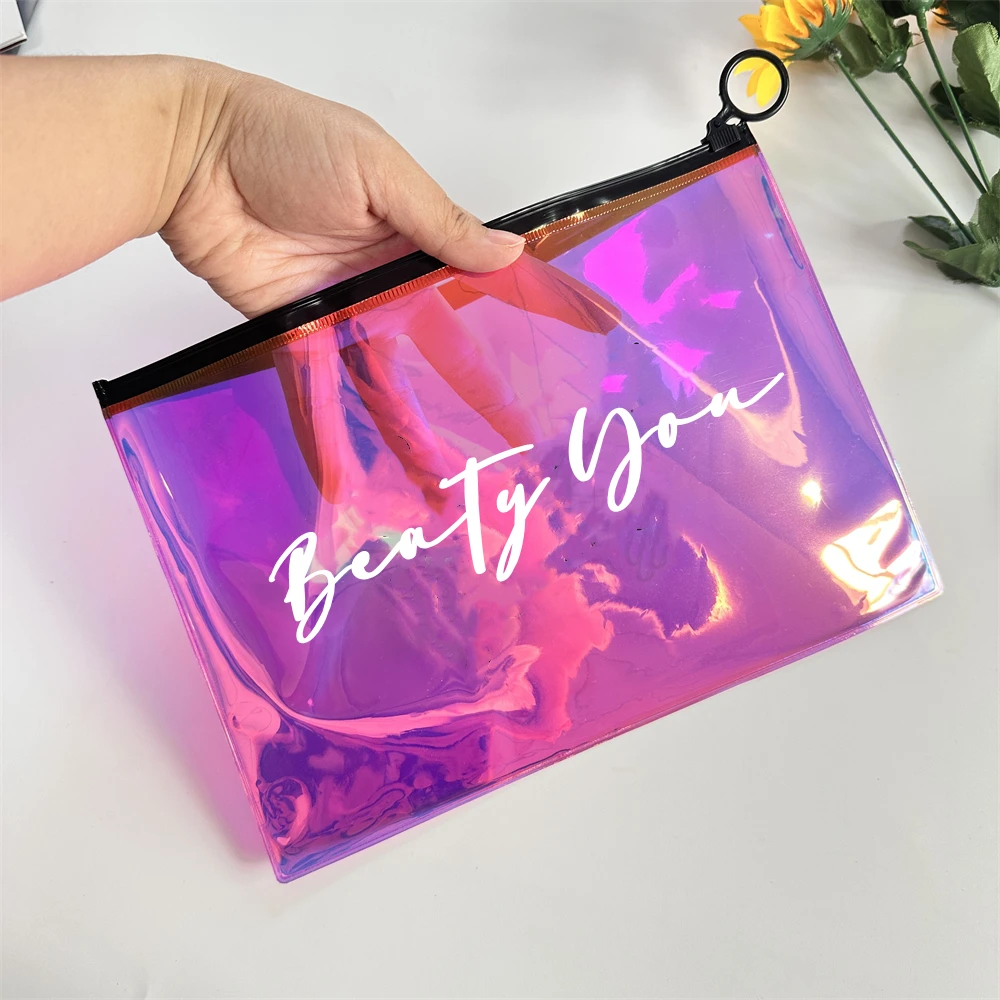Luxury Pink Holographic Plastic Bag Custom Logo Transparent Clear ...