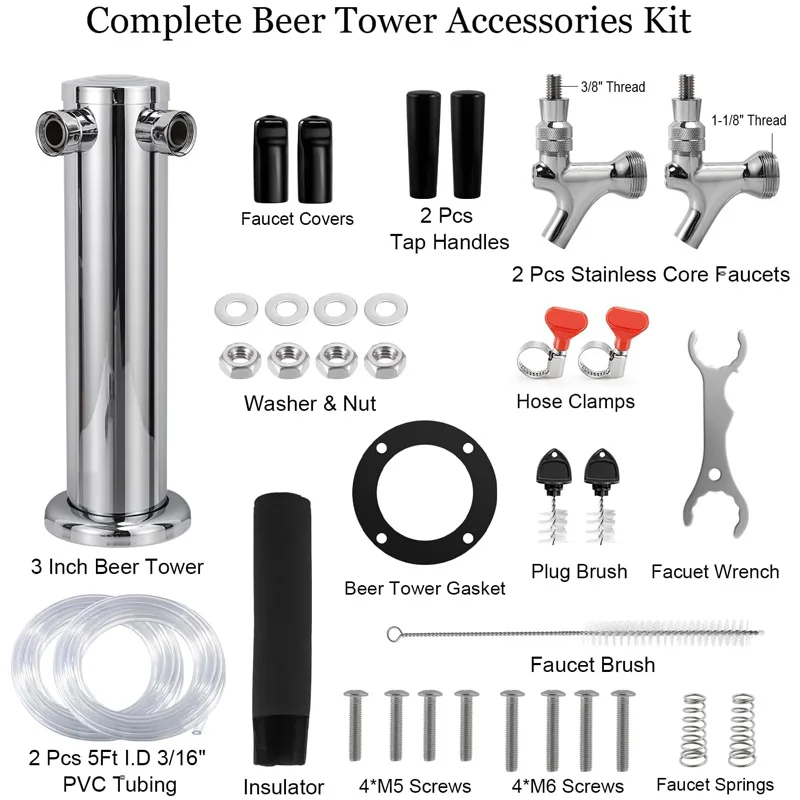 Stainless Steel 3'' Brewing Tower Beer Faucet Dispenser Double Tap ...