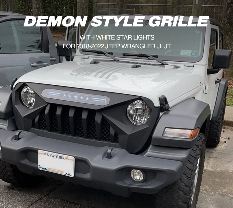 Car Grill Front Demon Grille Guard With White Drl For 2018-2023 Jeep ...