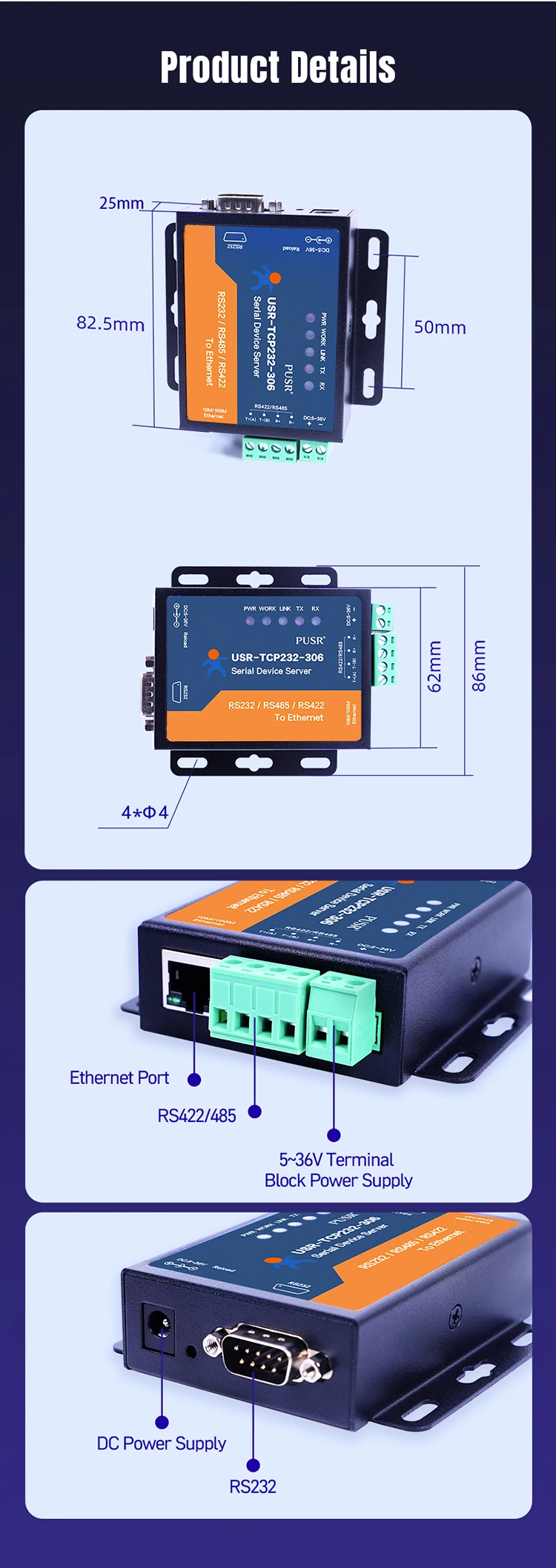 USR-TCP232-306 Serial to Ethernet Converter - Modbus Gateway