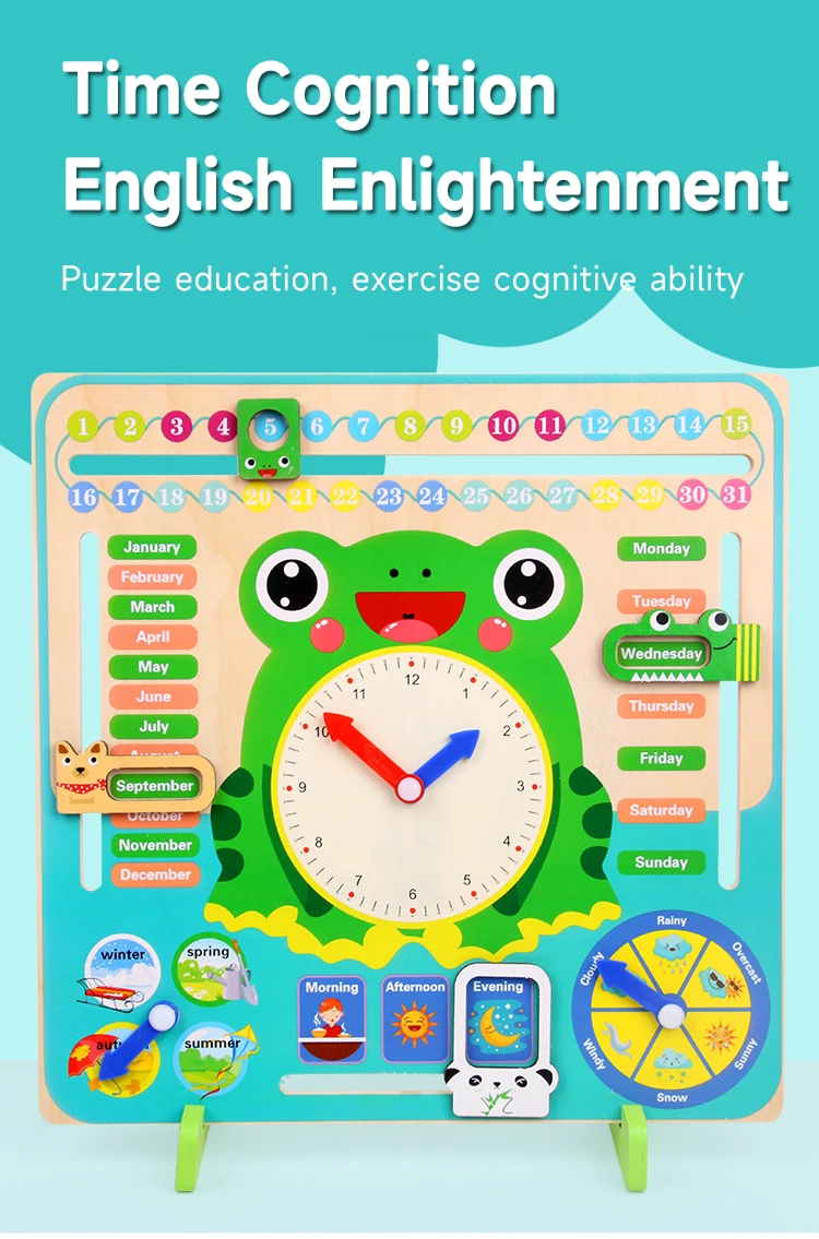Wooden Cartoon Frog Learning Time Set Kids Calender Teaching Clock Toys ...