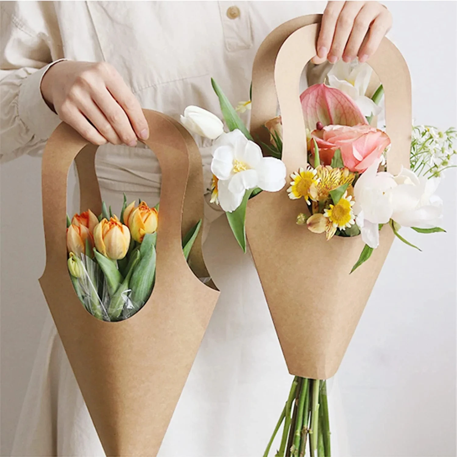 Custom Kraft Paper Flowers Gift Bags Bouquets Packing Bags with Handle ...