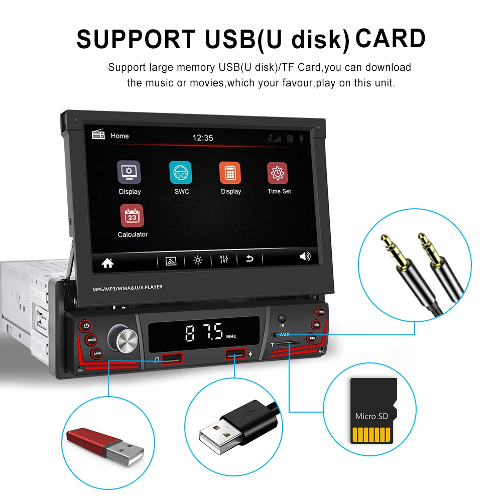 Podofo 1 Din 7" Radio Stereo Car MP5 Player with Touch Screen