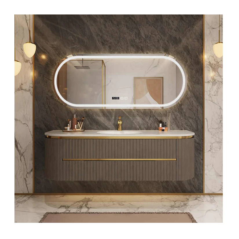 Custom Modern Luxury Curved Wall Mounted Cabinet Bathroom Vanity With Sink Smart Led Mirror