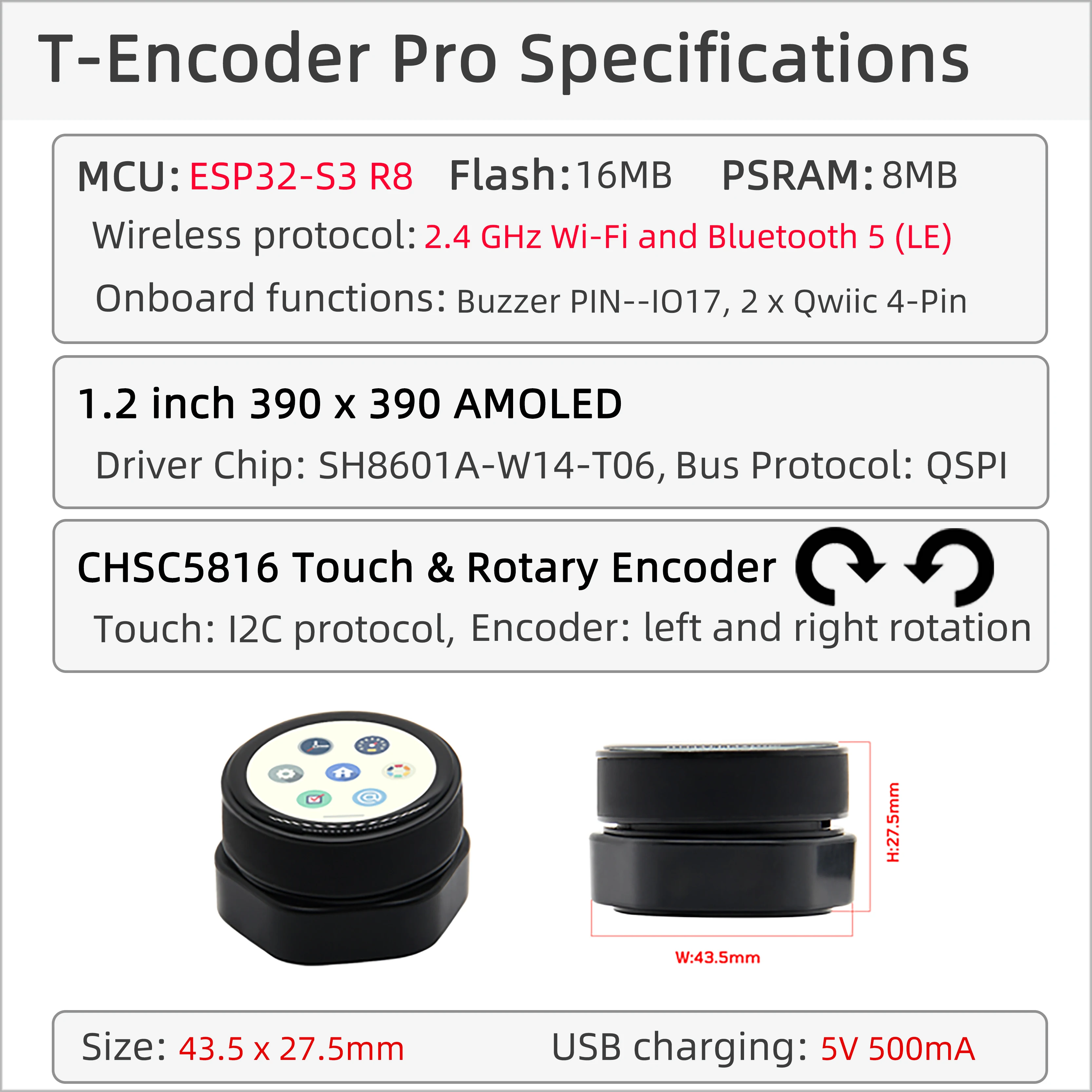 LILYGO T-Encoder-Pro 1.2-Inch AMOLED Touch Development Board with ...