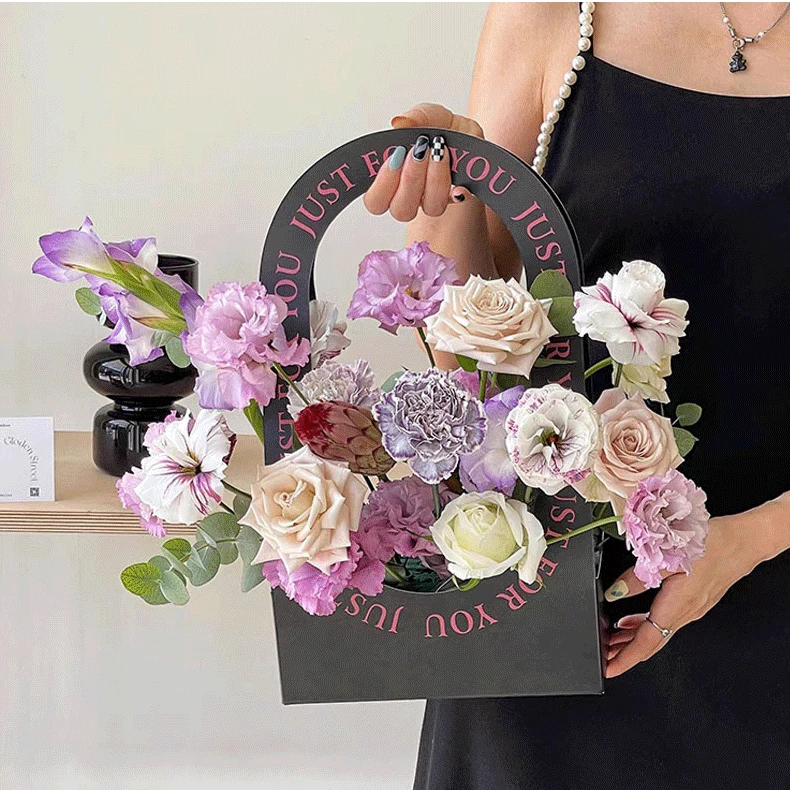 Luxury Mini Flowers Paper Bag Large Handle Pink Black Custom Paper ...