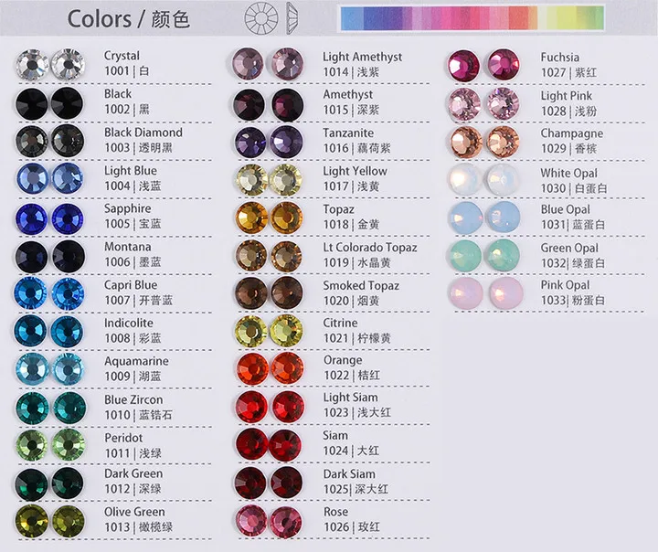 Color Chart Non Hotfix Flat Back Rhinestones Over 100 Colors Crystal ...