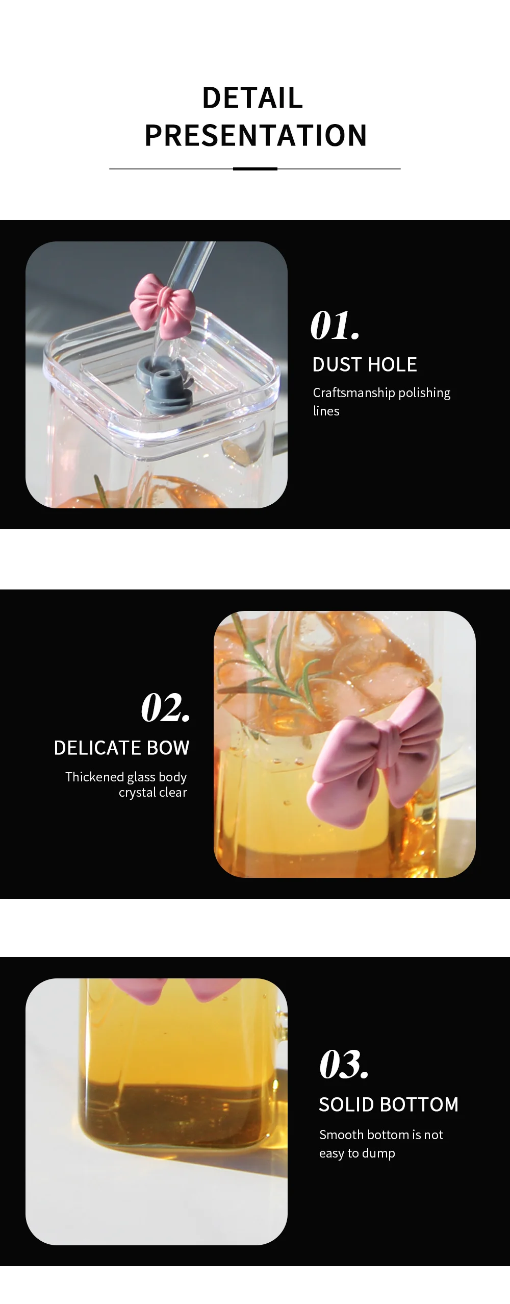 Cute pink Bow square Glass Cups with Lid and Straw Heat Resistant Glass ...