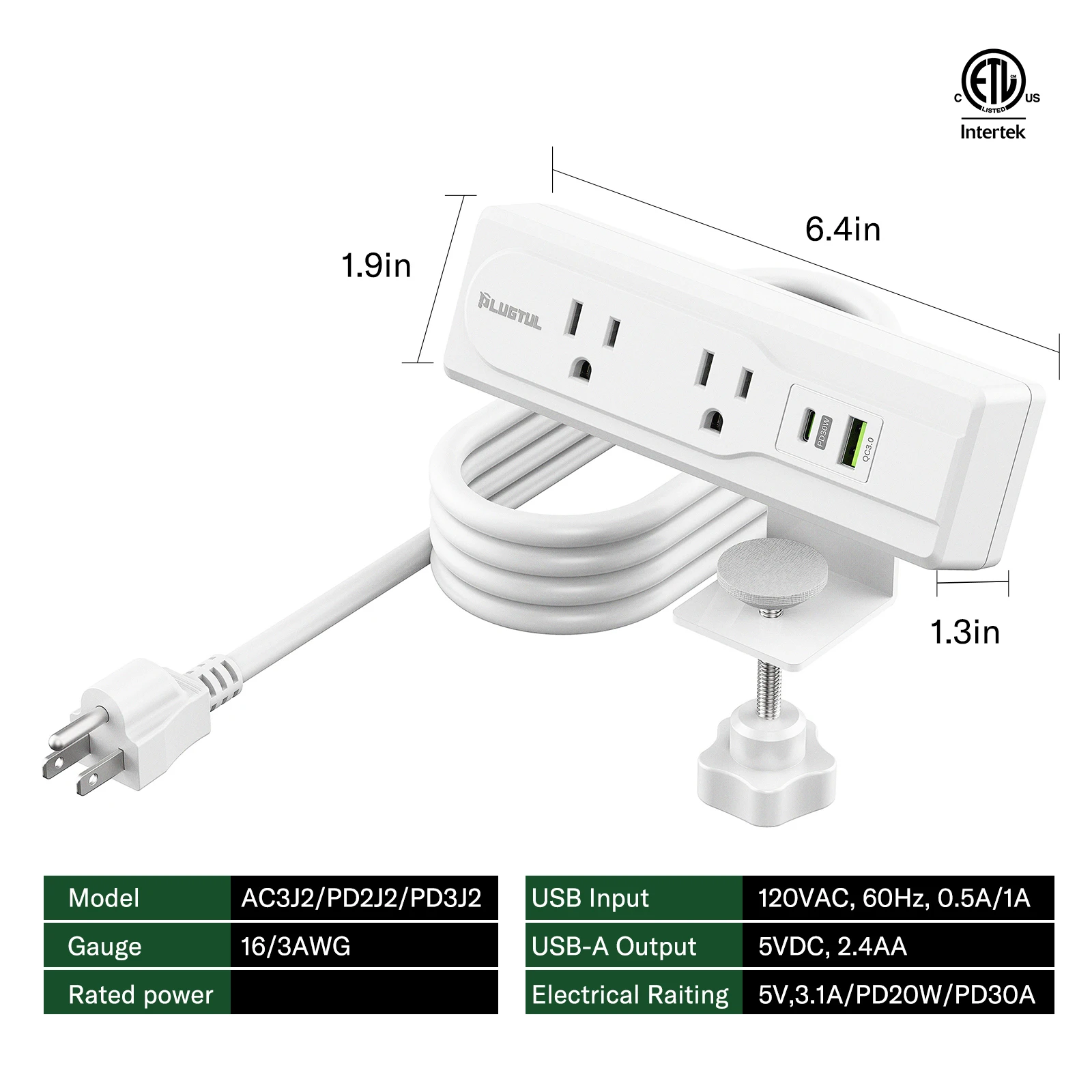 16/3awg 2 Outlets Desk Mountable Power Strip,Clamp Power Bar Etl ...