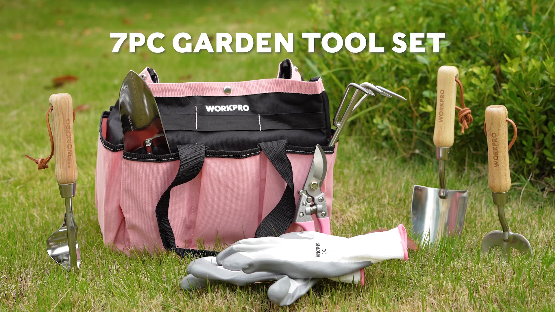 Workpro 7pcs Pink Gardening Hand Tools With Wooden Handle Weeder Fork ...