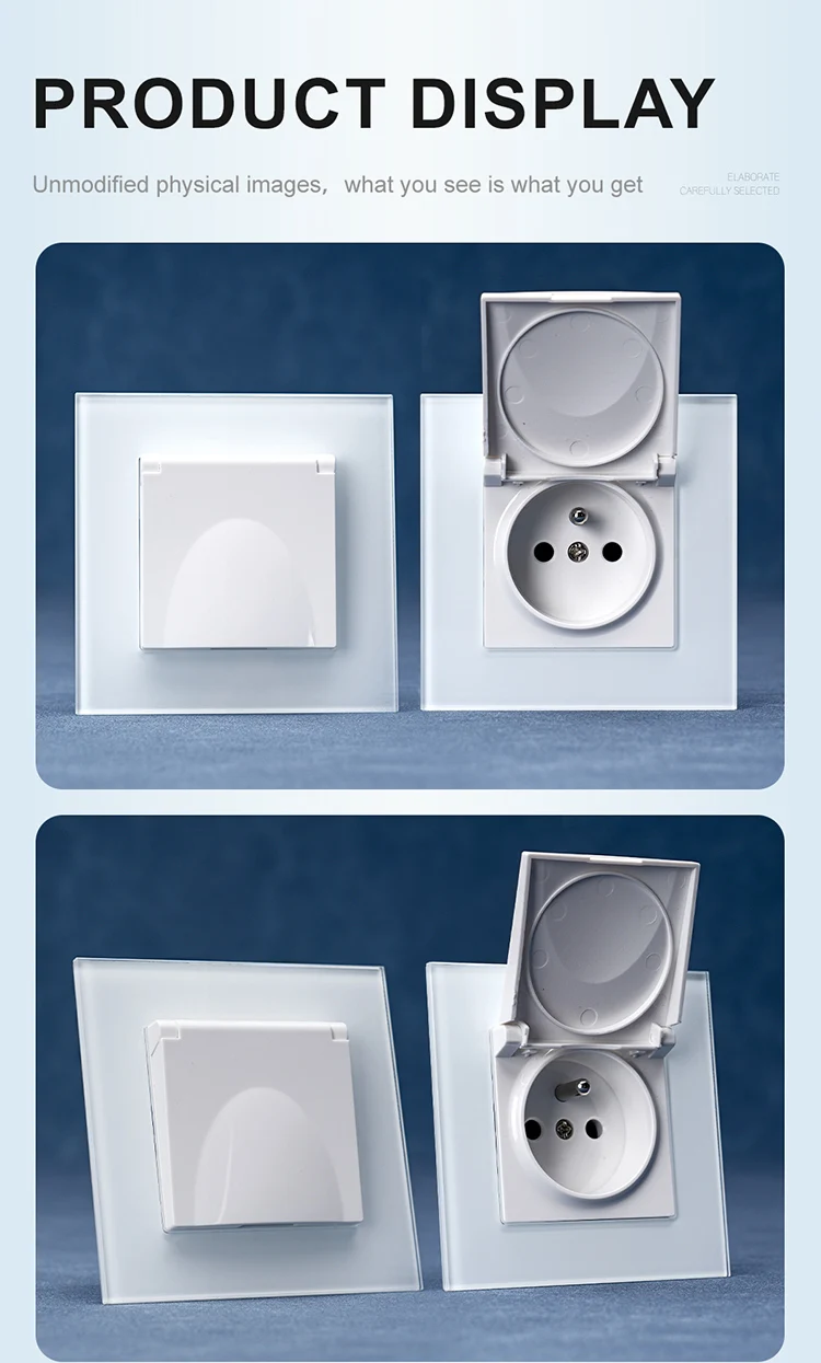 220V 16A EU Wall Plug Socket with Glass Panel & Waterproof Cover