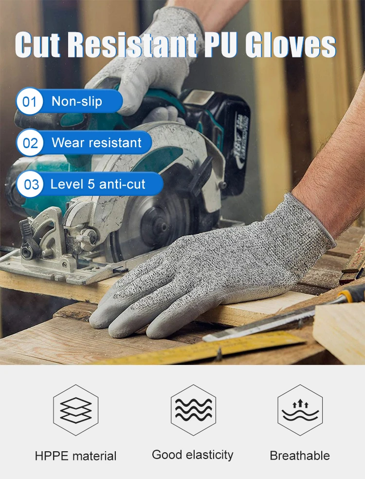 En388 4543 Safety Gloves - Level 3 Cut Resistant PU Coated