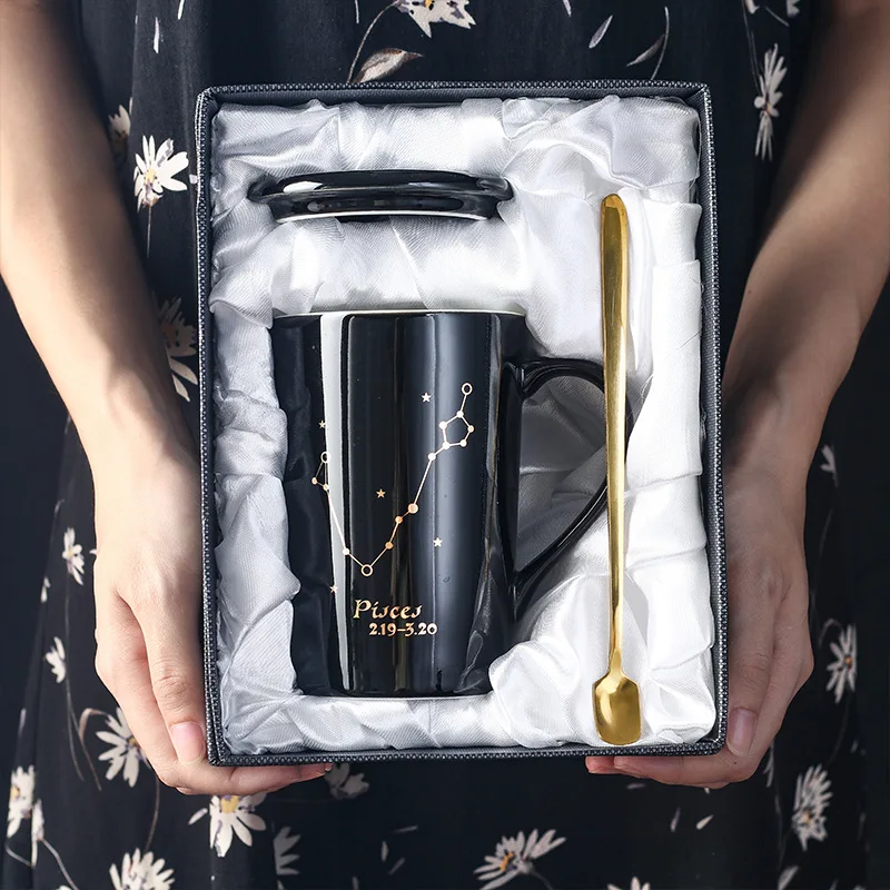 14oz 12 Constellations Ceramic Coffee Milk Mug With Spoon Lid Black And ...