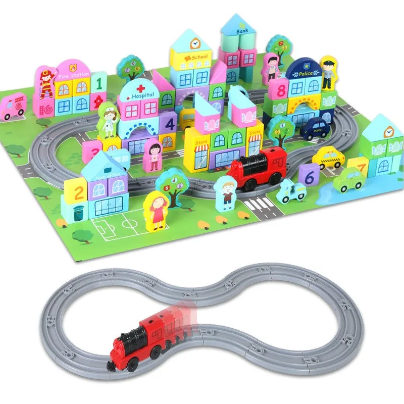 Children Electric Railway Wooden City Building Blocks Set Toy Color ...