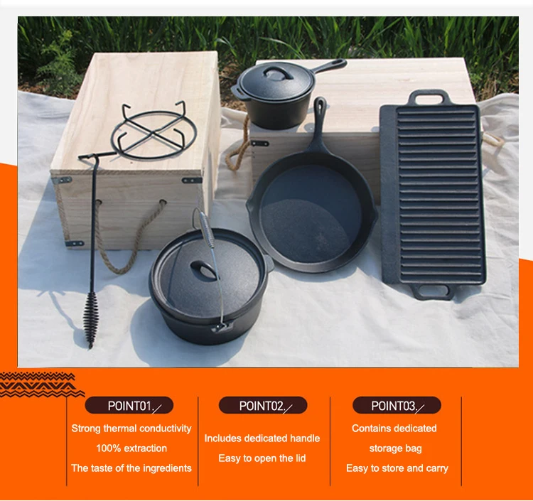 Outdoor Travel Camping Bbq Cast Iron Cookware Kit Set - Buy Bbq Cast ...