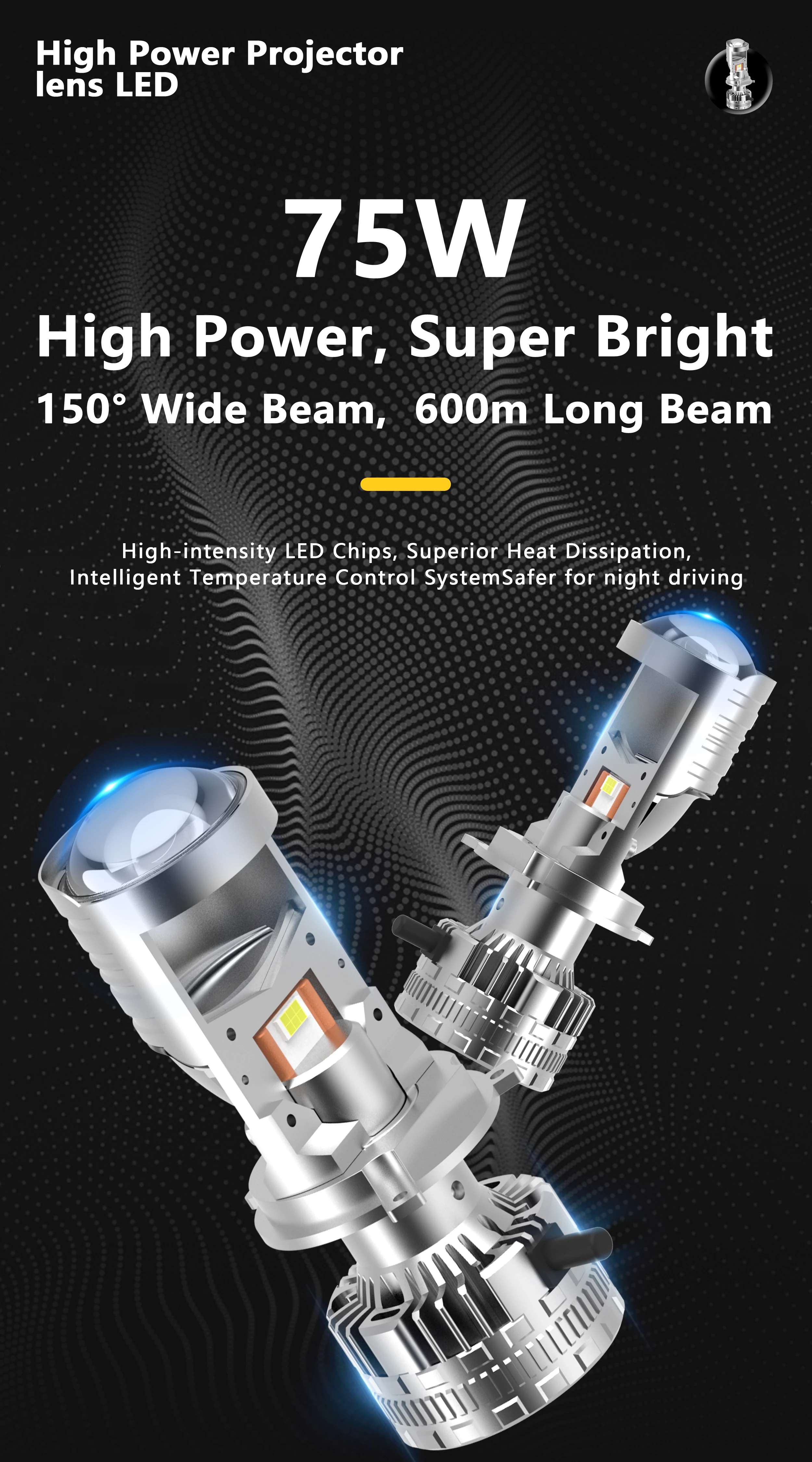 H4 LED Bulb Universal Car LED Headlight 75W 6000K Projector Lens Super ...