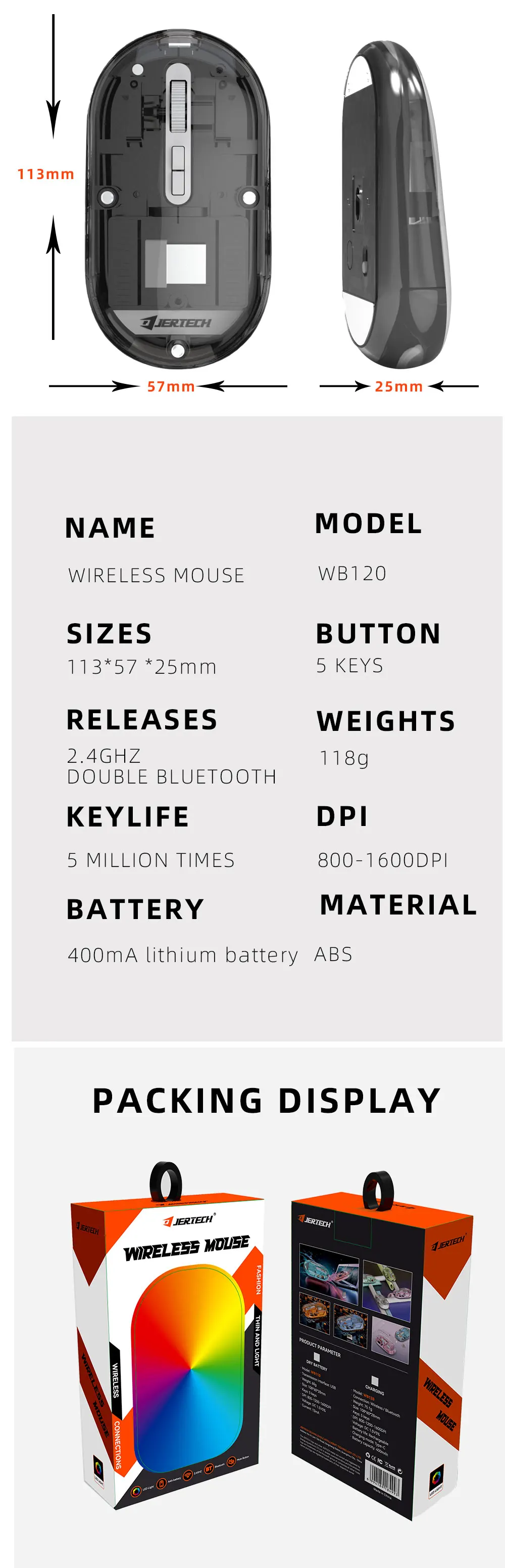 JERTECH WB120 Wireless Mouse - Customizable & Rechargeable