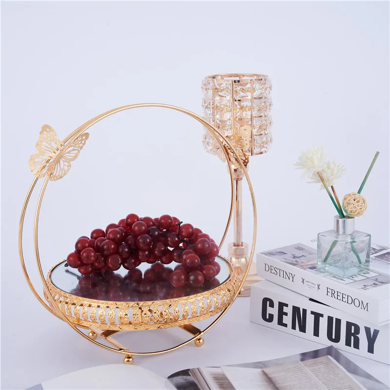 Round Gold Metal Mirror Hanging Afternoon Tea Storage Rack Glass Footed ...