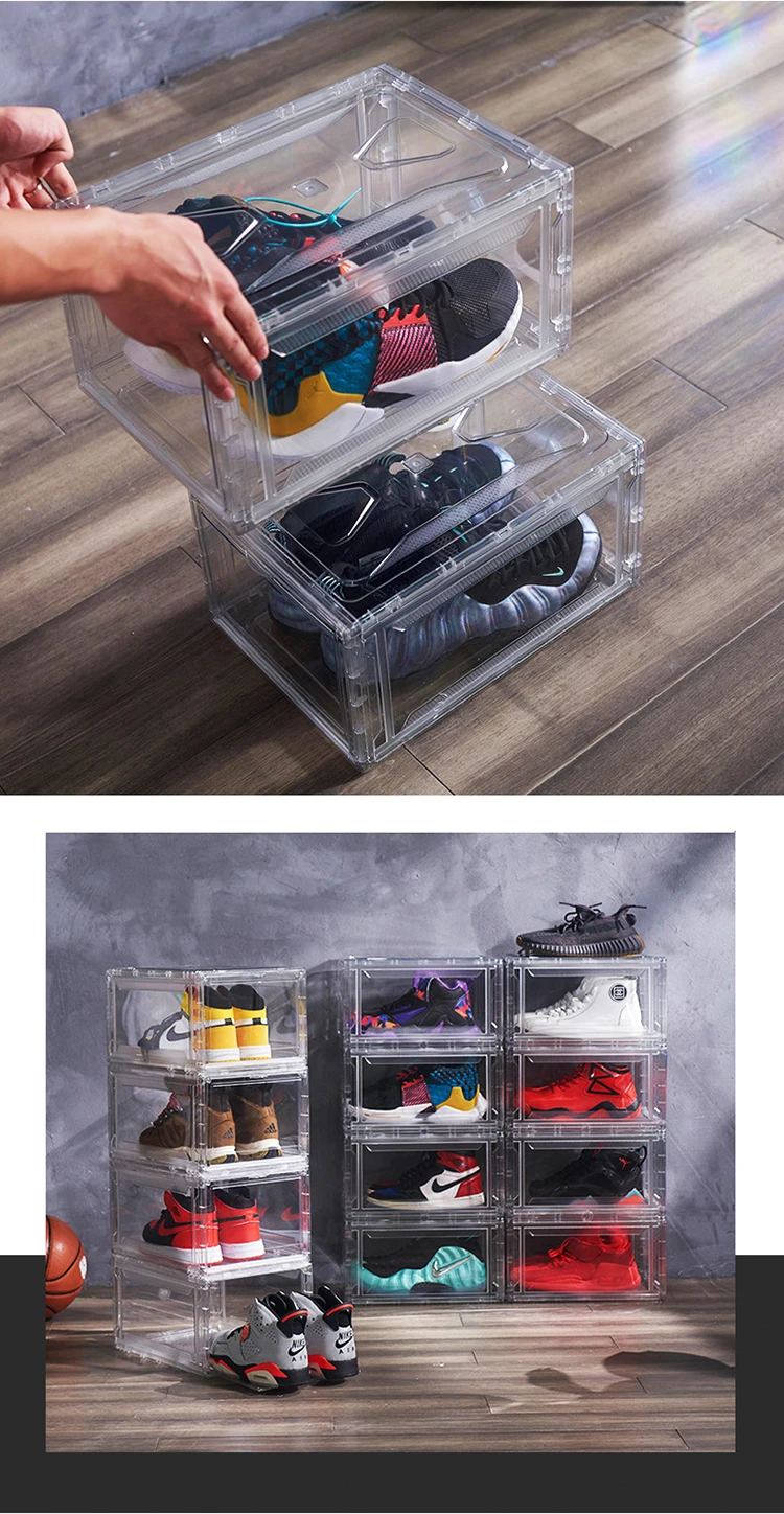 Transparent Pet Plastic Stackable Magnetic Shoe Storage Box Drop Front ...