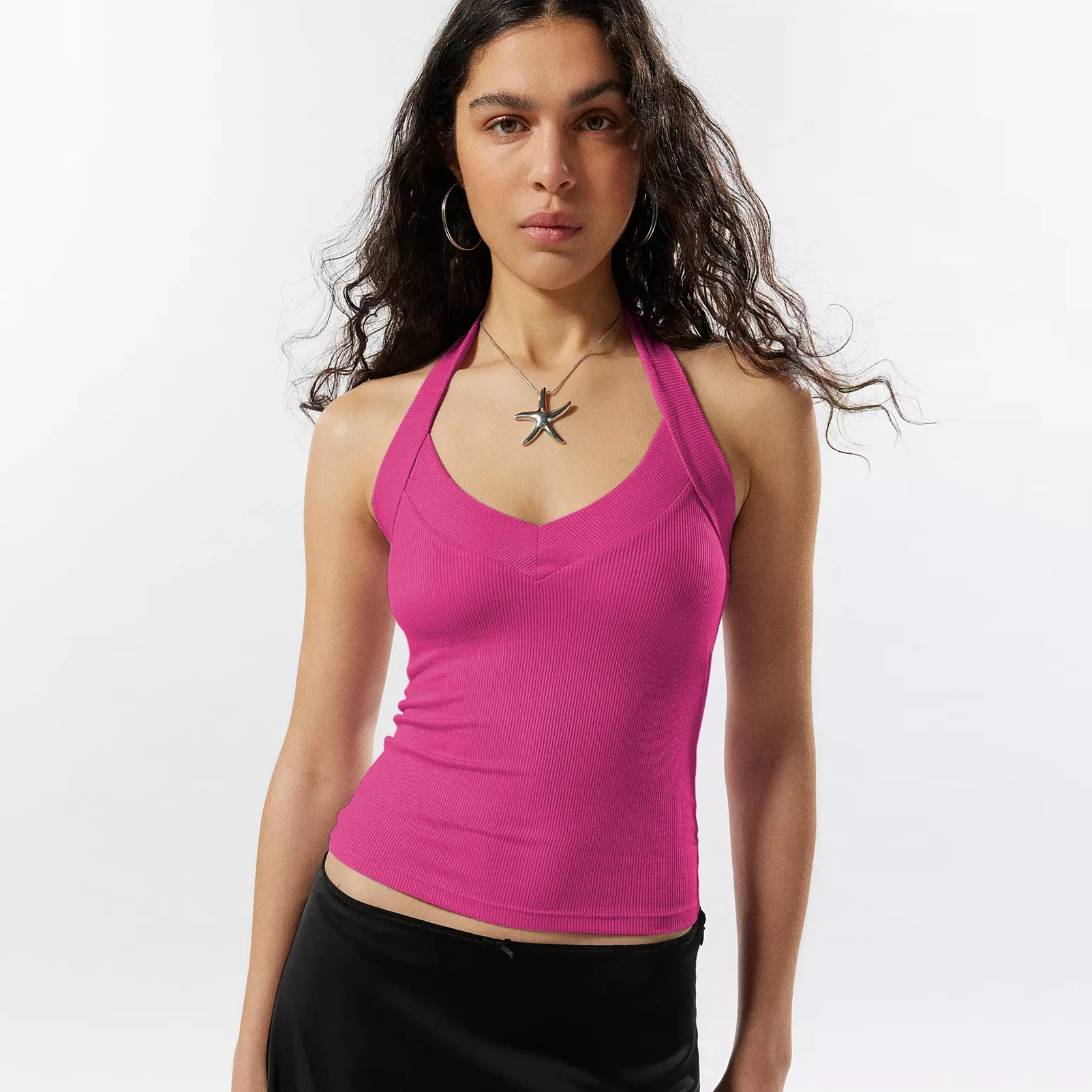 Women Summer Sleeveless Compression Halter Neck Ribbed Running Tank ...