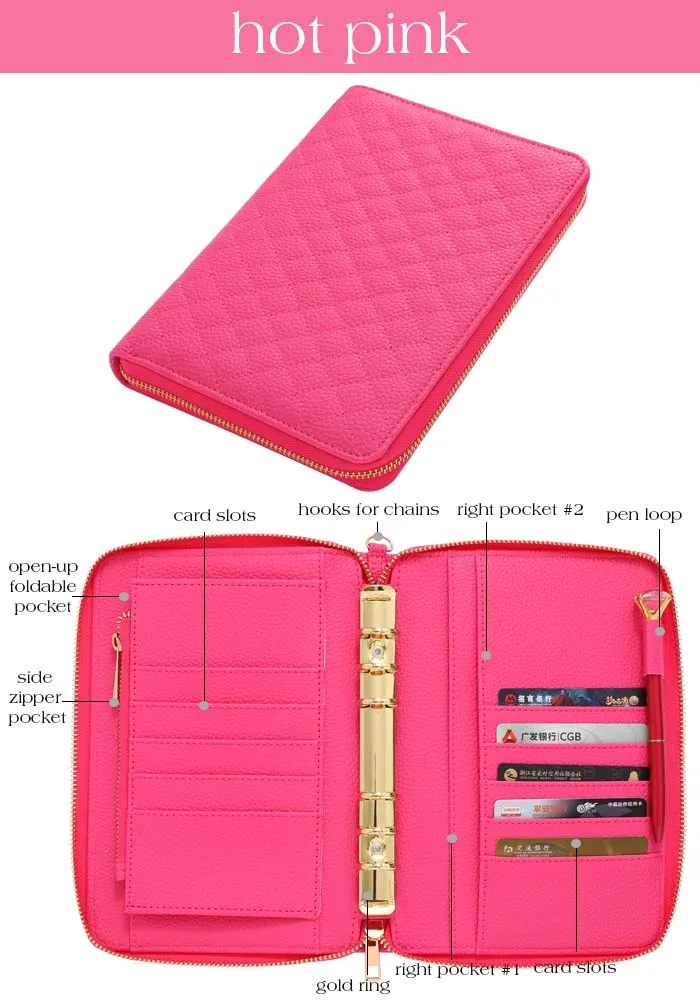 Hongbo New A6 Quilted Pebble Leather Zipper Binder Wallet