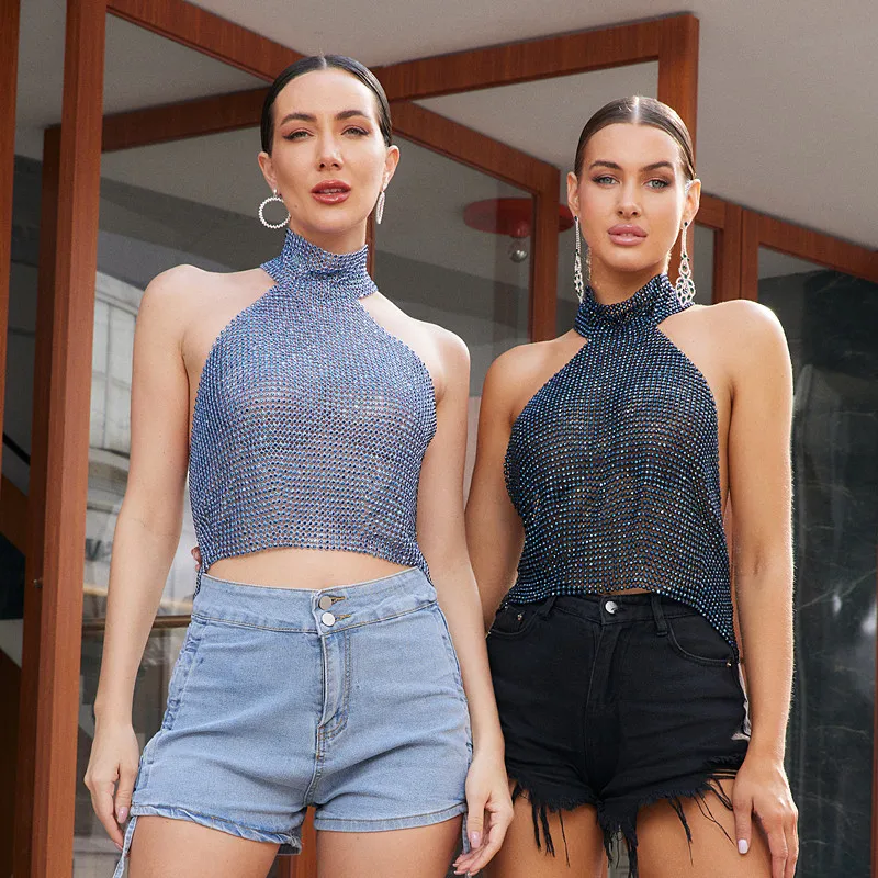 Party Clubwear Rhinestone Backless Sleeveless Tie Glitter Crop Top ...