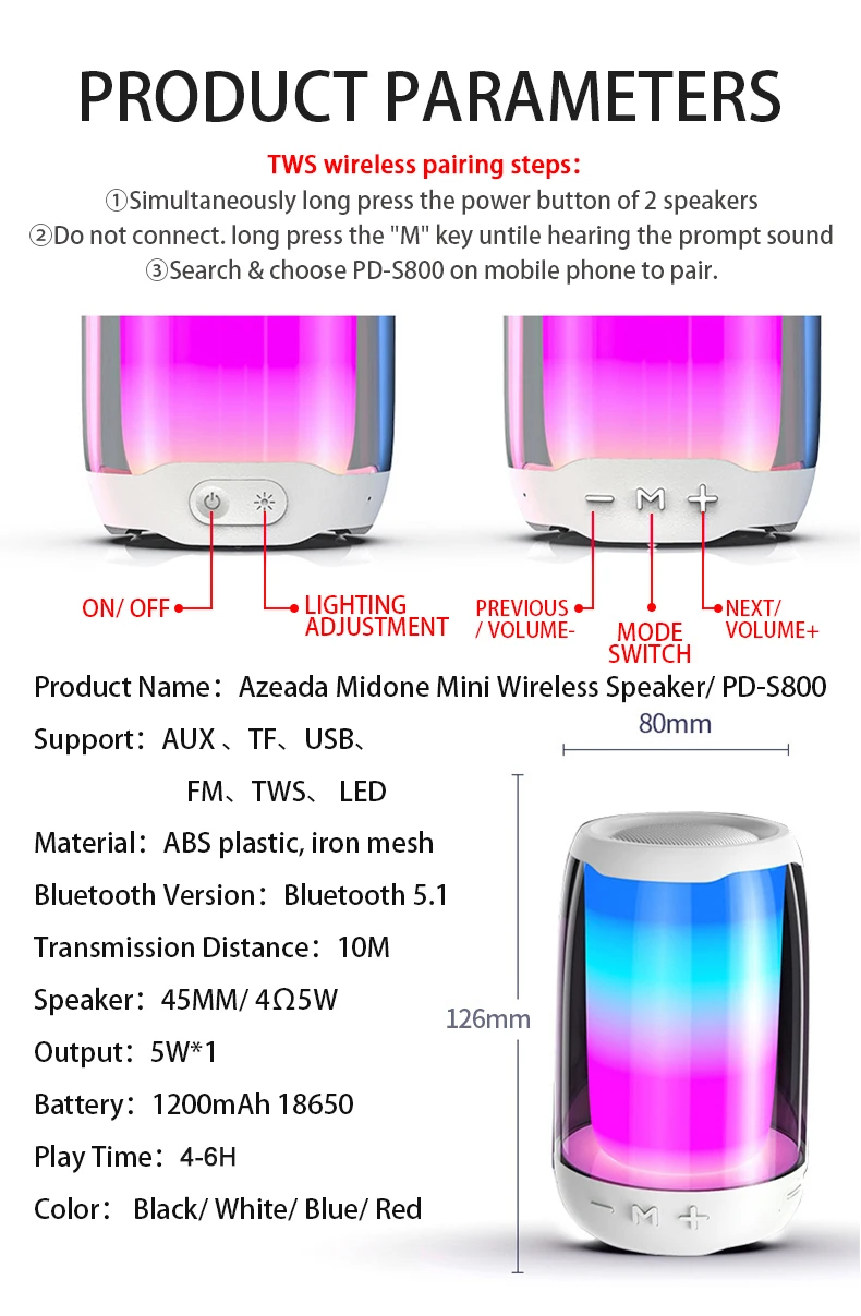 Outdoor Music Player Wireless Stereo Bt Mini Speakers Led Flashing Lights Portable Bluetooth ...