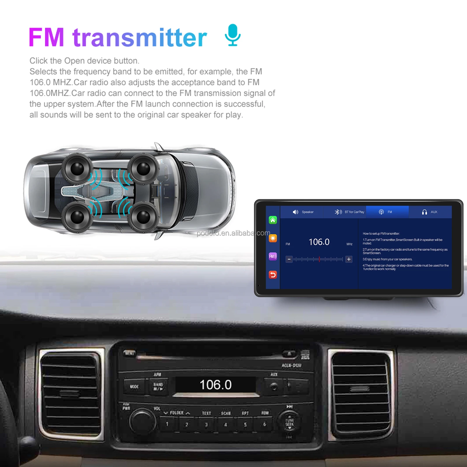 Podofo Portable Carplay & Android Auto Car Radio - 10.36" Touch Screen