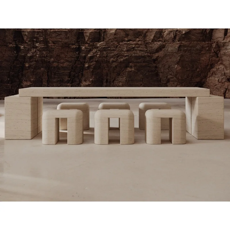 SHIHUI Luxury Modern Stone Marble Dining Table Beige Travertine Plinth ...