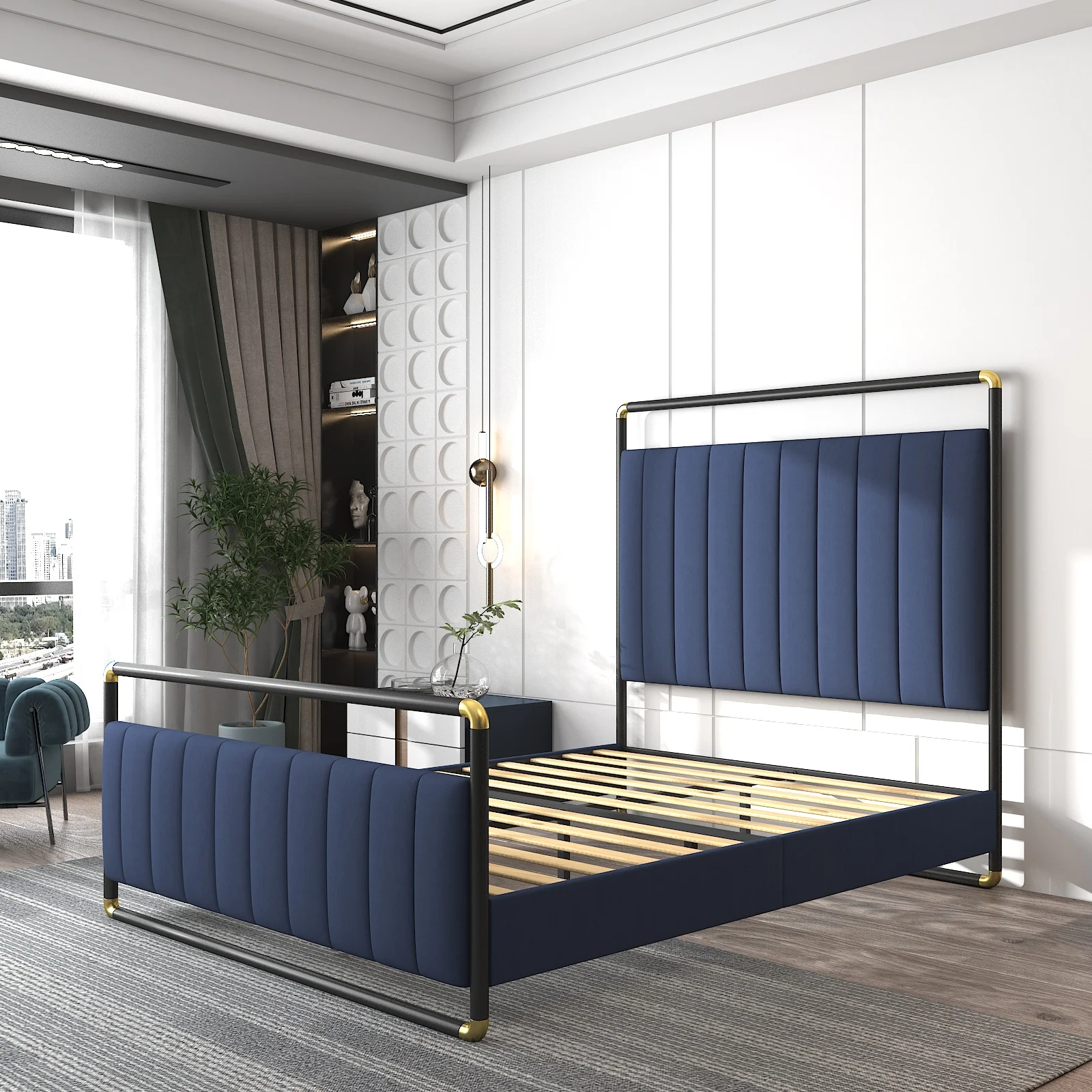 Vasagle Luxury Modern Bedroom Upholstered Bed Frame With Fabric Stripes ...