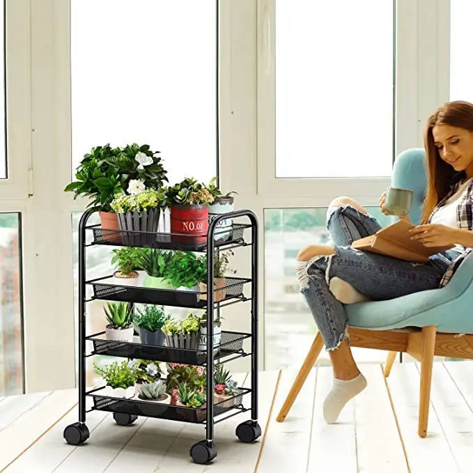 4-tier Mesh Wire Rolling Cart Multifunction Utility Cart Metal Kitchen ...