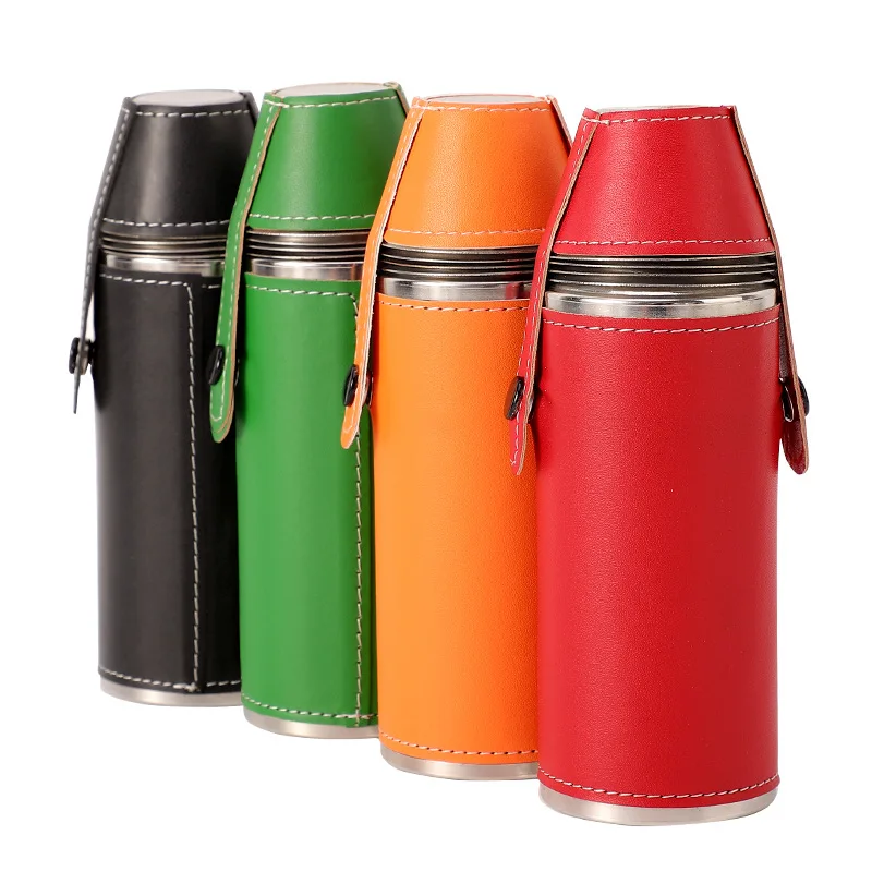 10Oz Leather Wrap Cylinder Hip Flask Set with Shot Glass Funnel ...