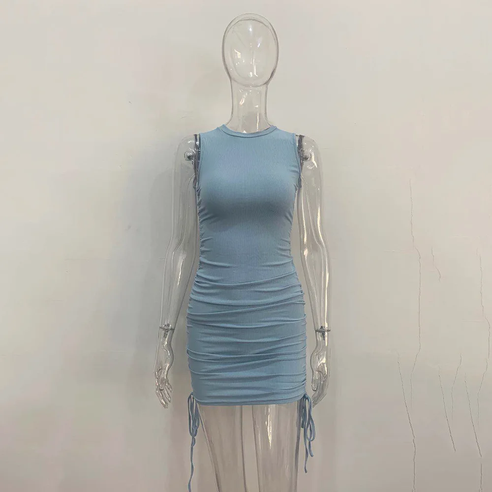 2023 Rib Knit Ruched Dresses Women Lady Sleeveless Bodycon Elegant Sexy ...