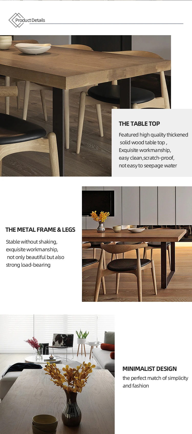 Modern Solid Wood Dining Table Set with Black Metal Leg