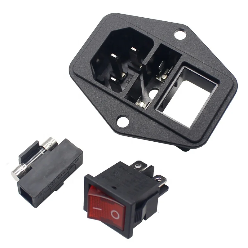 10A 250V AC Power Socket Plug with Red Rocker Switch
