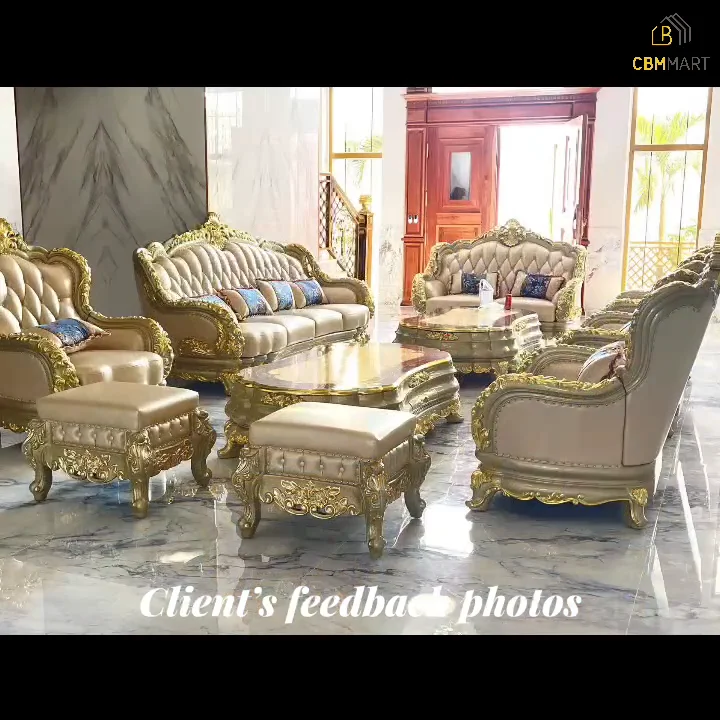 Cbmmart Traditional Upholstered Solid Wood Sofa Four Pillows Golden Wooden Leather Sofas Set ...