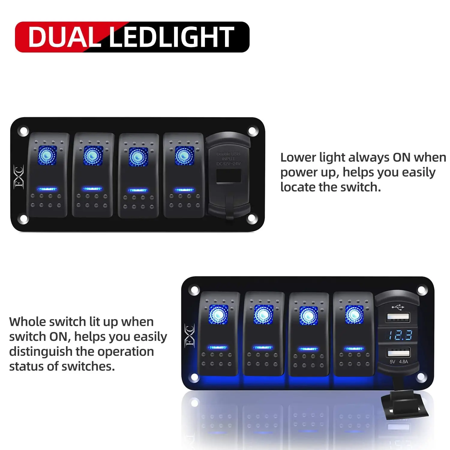 4 Gang Rocker Switch Aluminum Panel with Voltmeter and Dual USB(4.8A ...