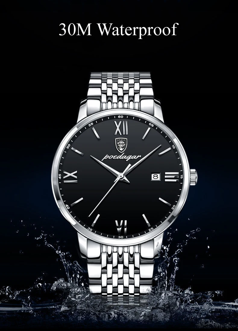 POEDAGAR 826 Waterproof Men's Quartz Watch with Stainless Steel Strap ...