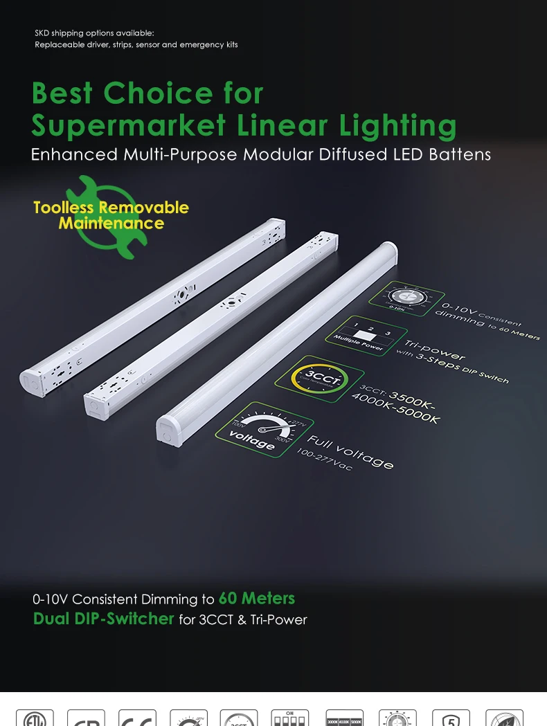 150cm 5ft LED Linear Batten Light Fixture 100V 277V Tri-Power LED ...