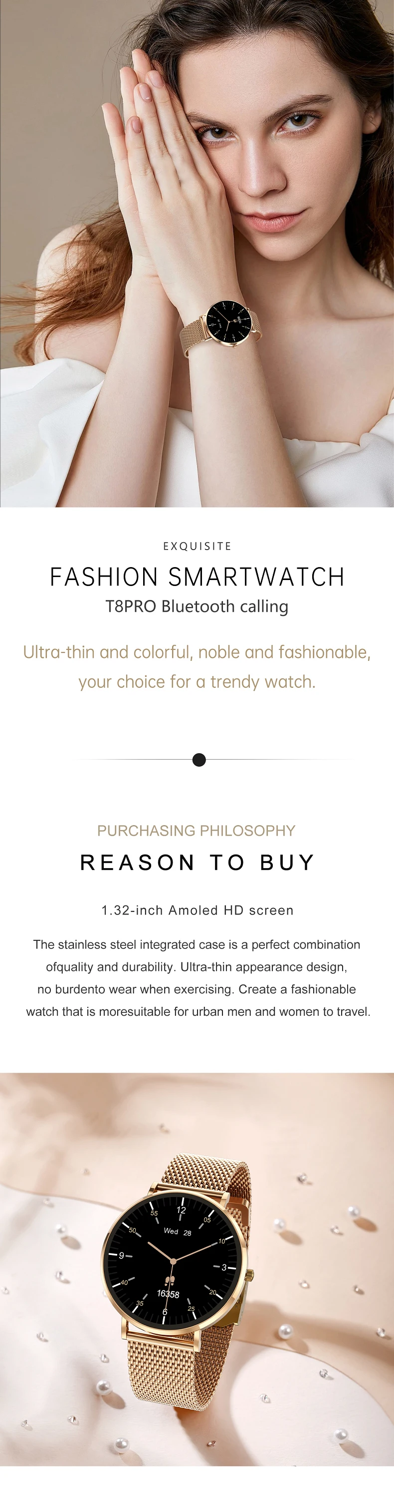 T8 Pro 1.32-inch Amoled Stainless Steel Smartwatch, Fitness Tracker