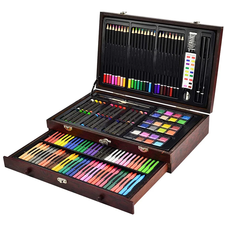 145 Piece Painting Art Set Wooden Art Box Drawing Kit with Crayons Oil ...
