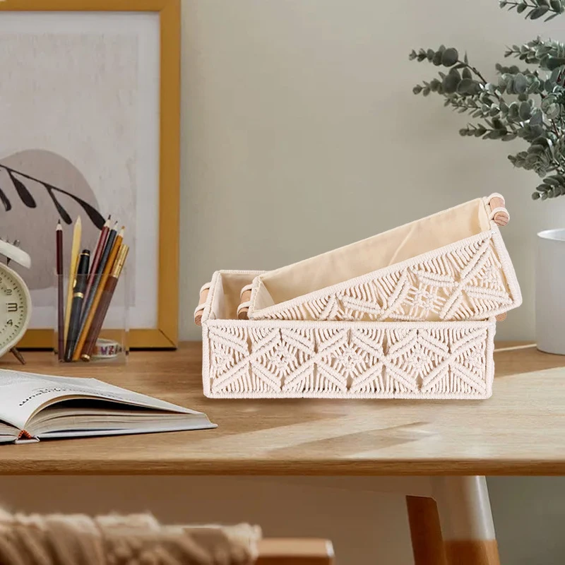 Handmade Woven Decor Macrame Storage Baskets Box Organizer With Wood ...
