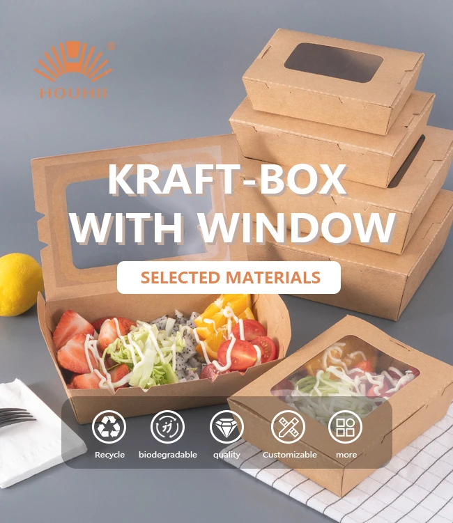 Wholesale Kraft Packaging Paper Recycled Bento Lunch Salad Box With Pvc ...