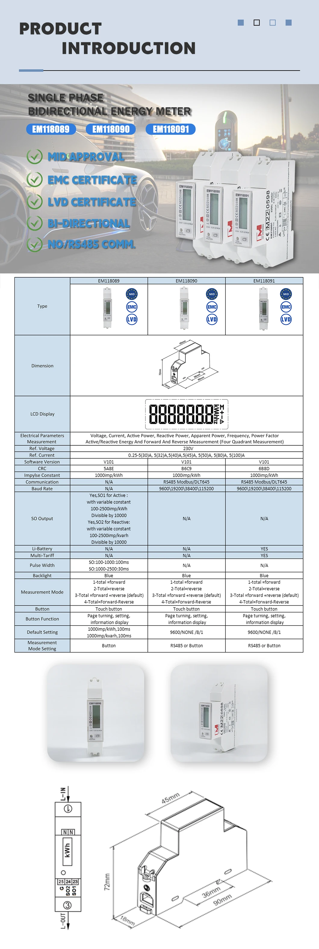 1/3 Phase Rs485 Modbus Energy Meter Smart Bi-directional Electrictiy ...