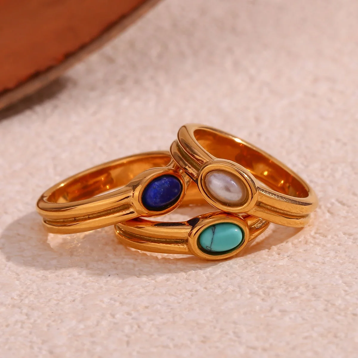 Dainty Oval Gemstone Signet Ring Water Proof Jewelry Pvd Gold Plated ...