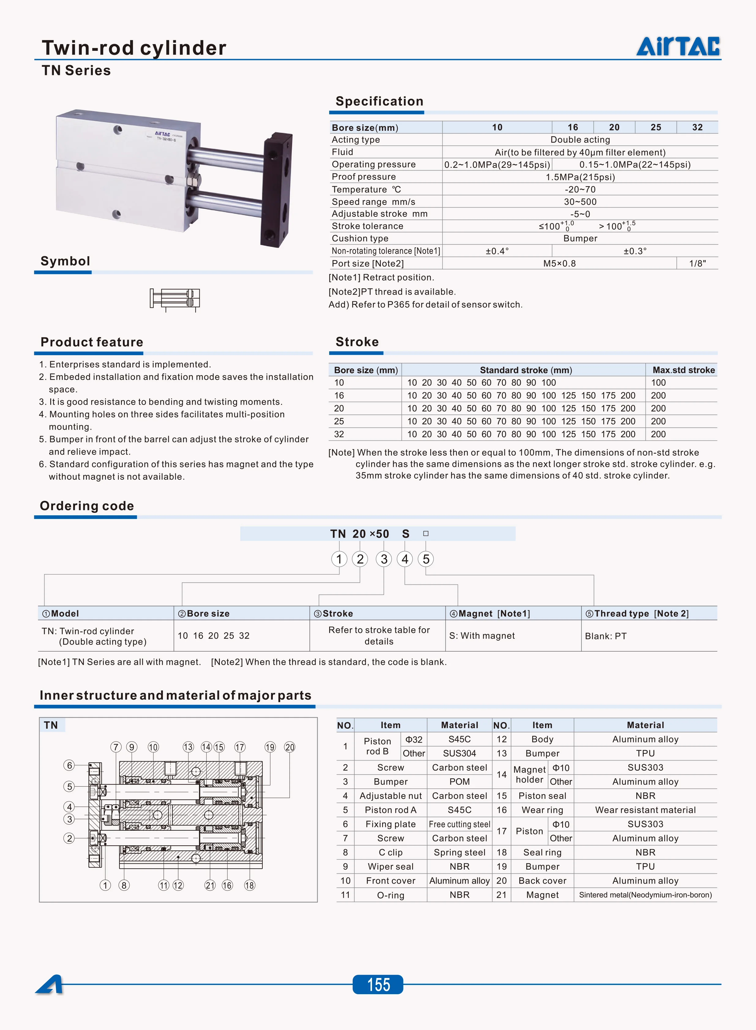 Airtac Genuine Tn10/tn16/tn20/tn25/tn32x10s/20s/30s/40s/50s/60s/70s/75s/100s Double Shaft Double ...