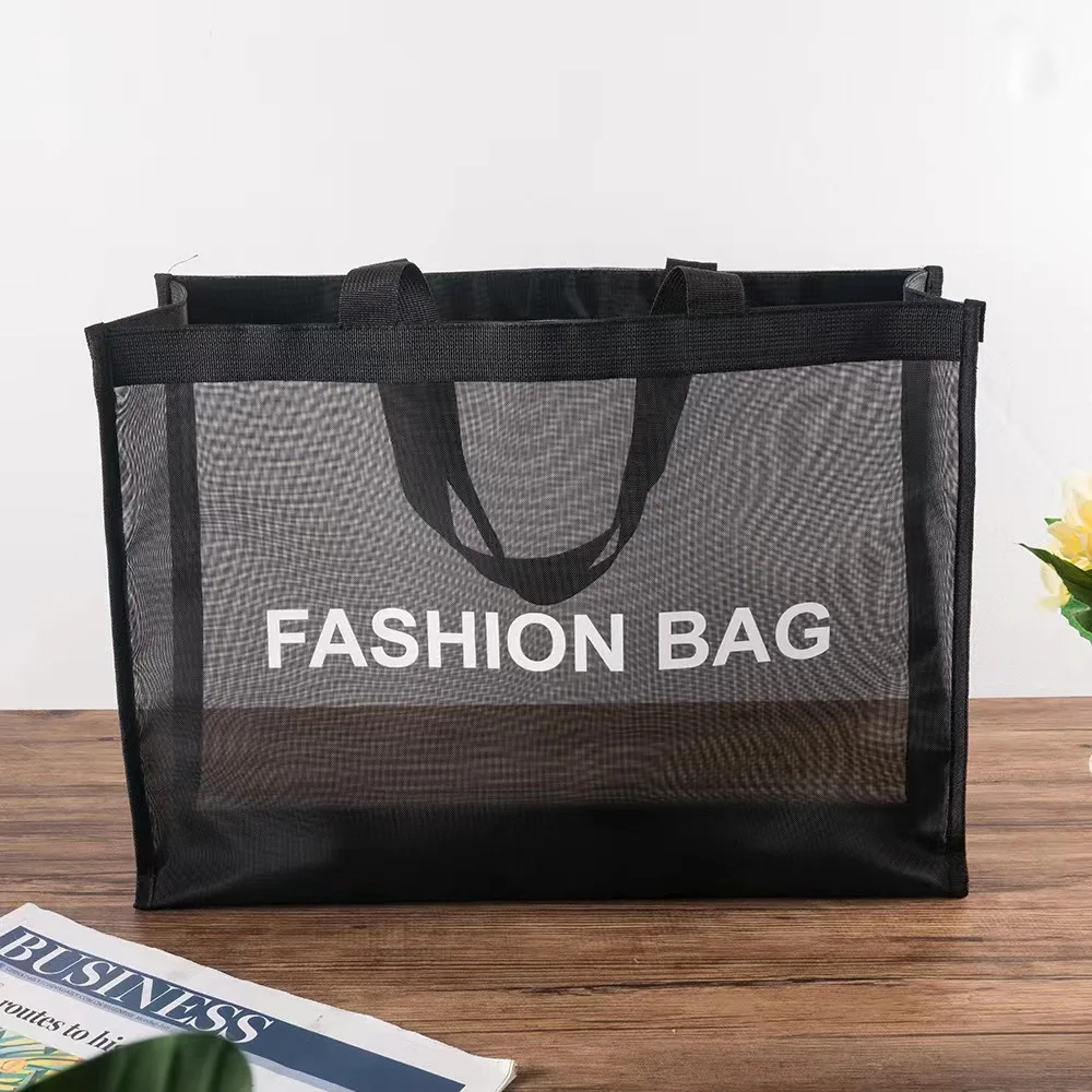 Customized Logo Transparent Black Nylon Mesh Beach Shopping Tote Bag ...